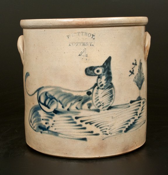 4 Gal. WEST TROY POTTERY Stoneware Crock with Reclining