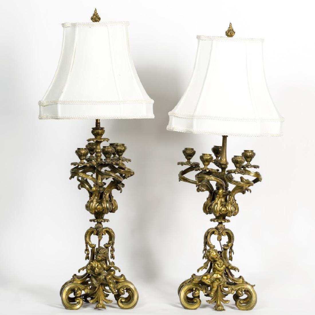 19th C. French Rococo Style Pair of Brass Lamps