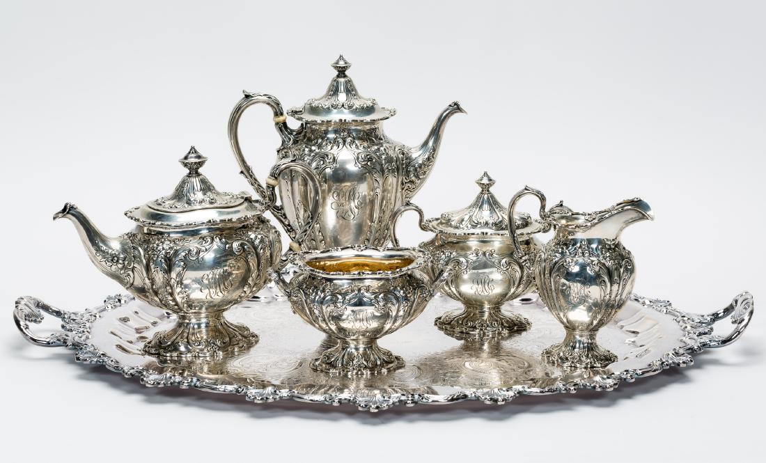 5PC Gorham Repousse Sterling Tea Set w/SP Tray