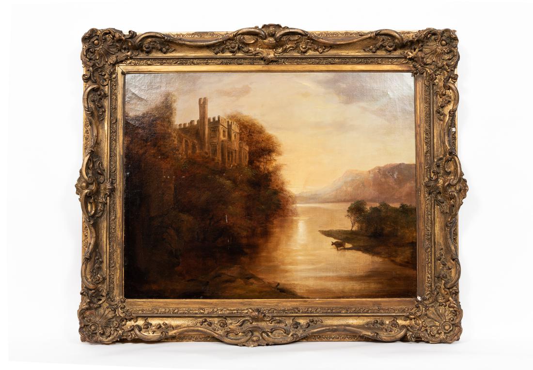 British Castle on River Scene, Oil on Canvas