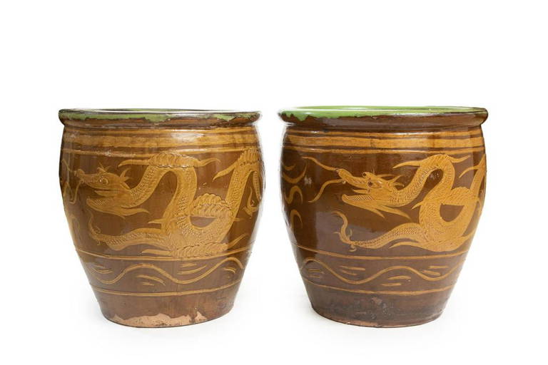 Pair Of Asian Glazed Pottery Planters