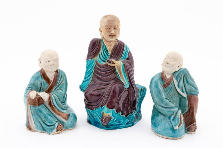3 Ceramic Chinese Seated Buddhist Lohan Figures