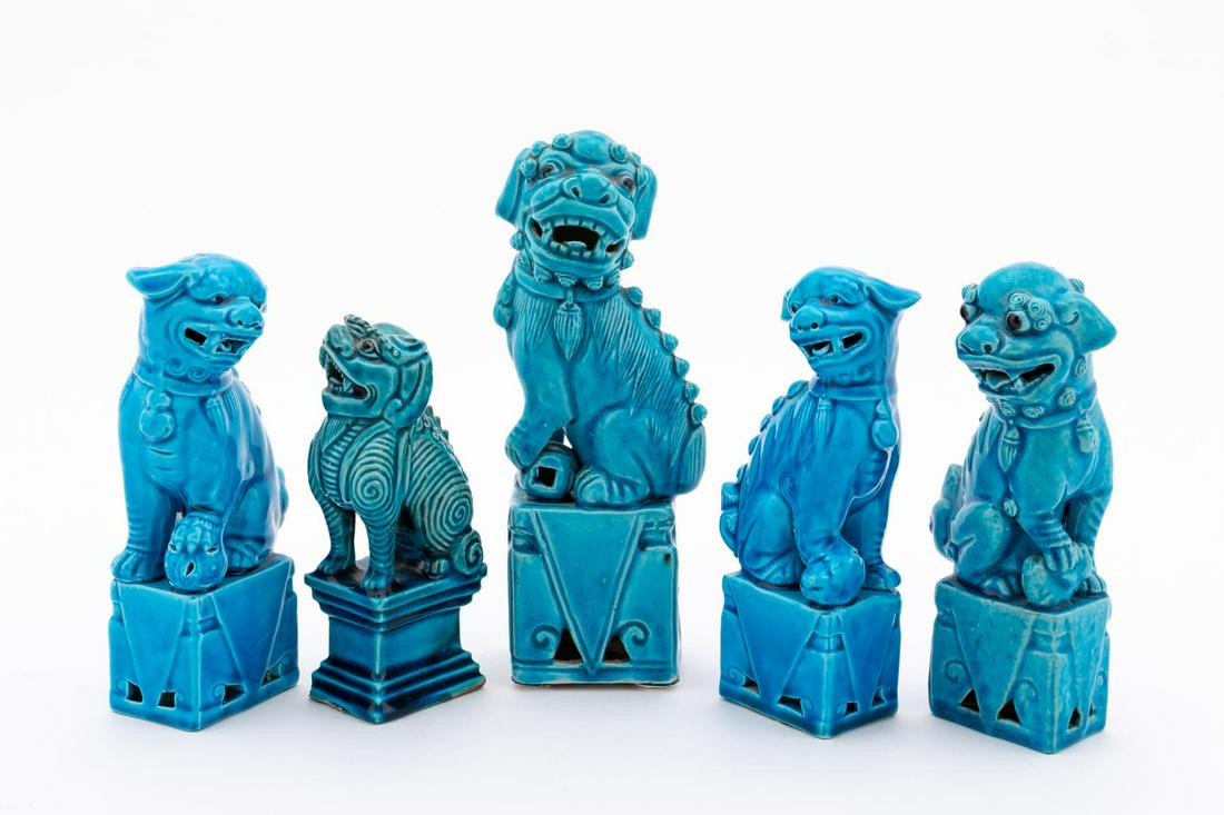 FIVE CHINESE TURQUOISE BLUE GUARDIAN LIONS | Barnebys