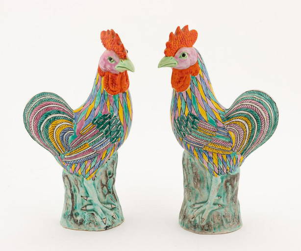 Pair Chinese Export Famille Rose Roosters