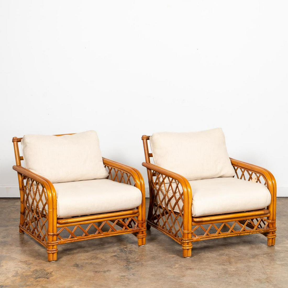 PAIR, FICKS & REED RATTAN ARMCHAIRS WITH CUSHIONS (#0441) on Oct 23 ...