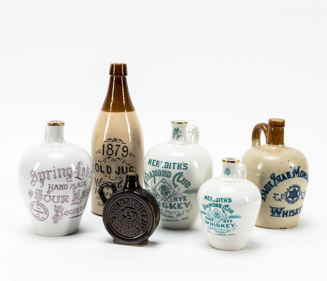 Group Of 6 Ohio Whiskey Advertising Jugs & Bottle