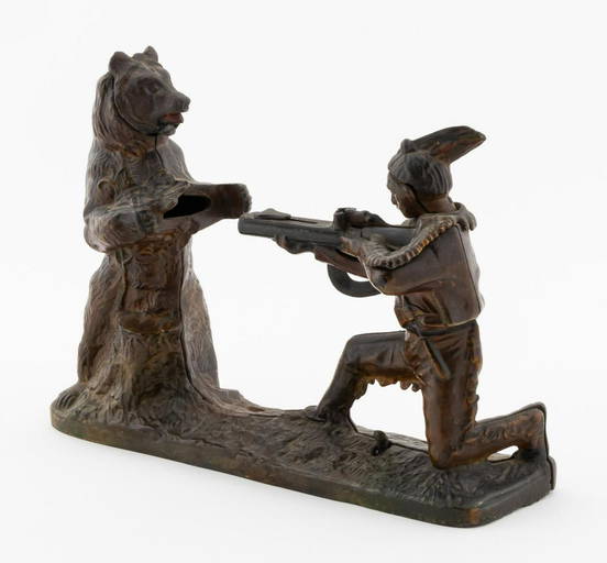 CAST IRON MECHANICAL BANK, NATIVE AMERICAN & BEAR (#1329) on Oct 24 ...