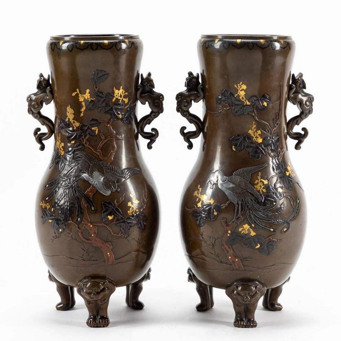 PAIR, JAPANESE BRONZE & MIXED METAL PHOENIX VASES (#0235) on Apr 09 ...