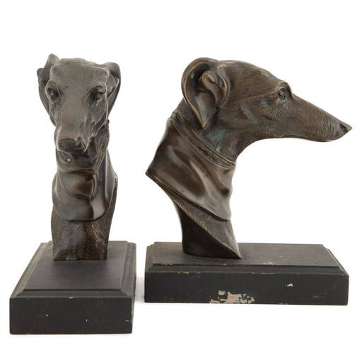 Pr Patinated Metal Greyhound Bust Bookends