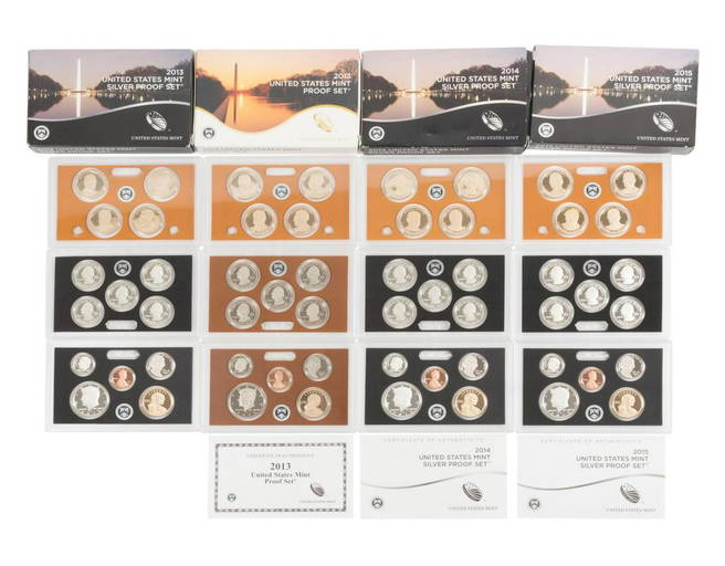 Eight United States Mint & Silver Proof Sets