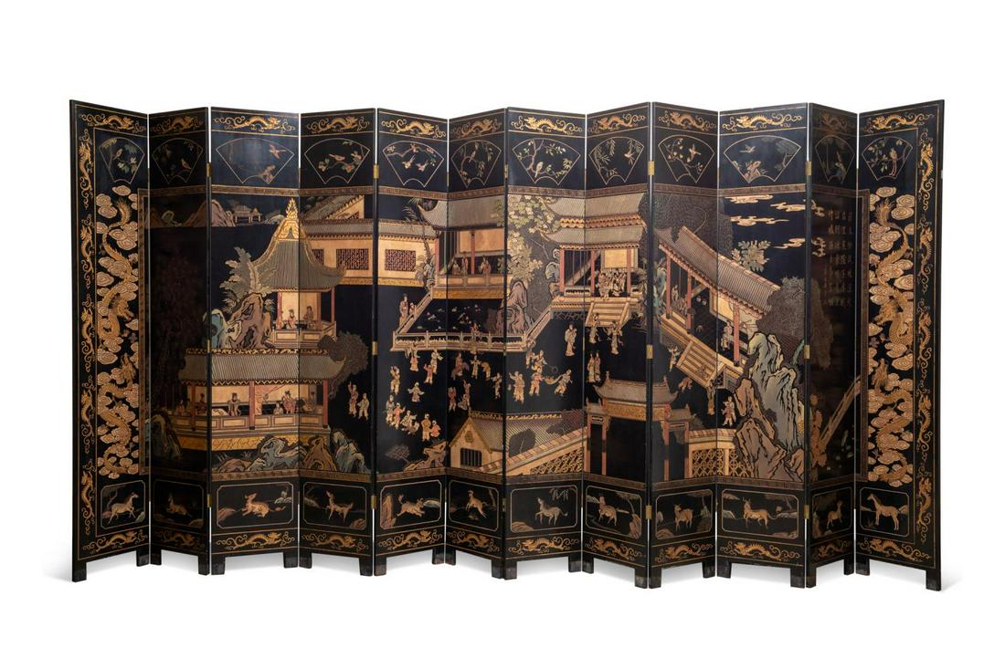 Chinese Twelve Panel Lacquer Floor Screen