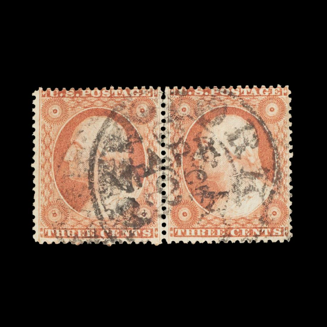 Pair, Dull Red Us Scott #26 Used 3c Stamps Auction
