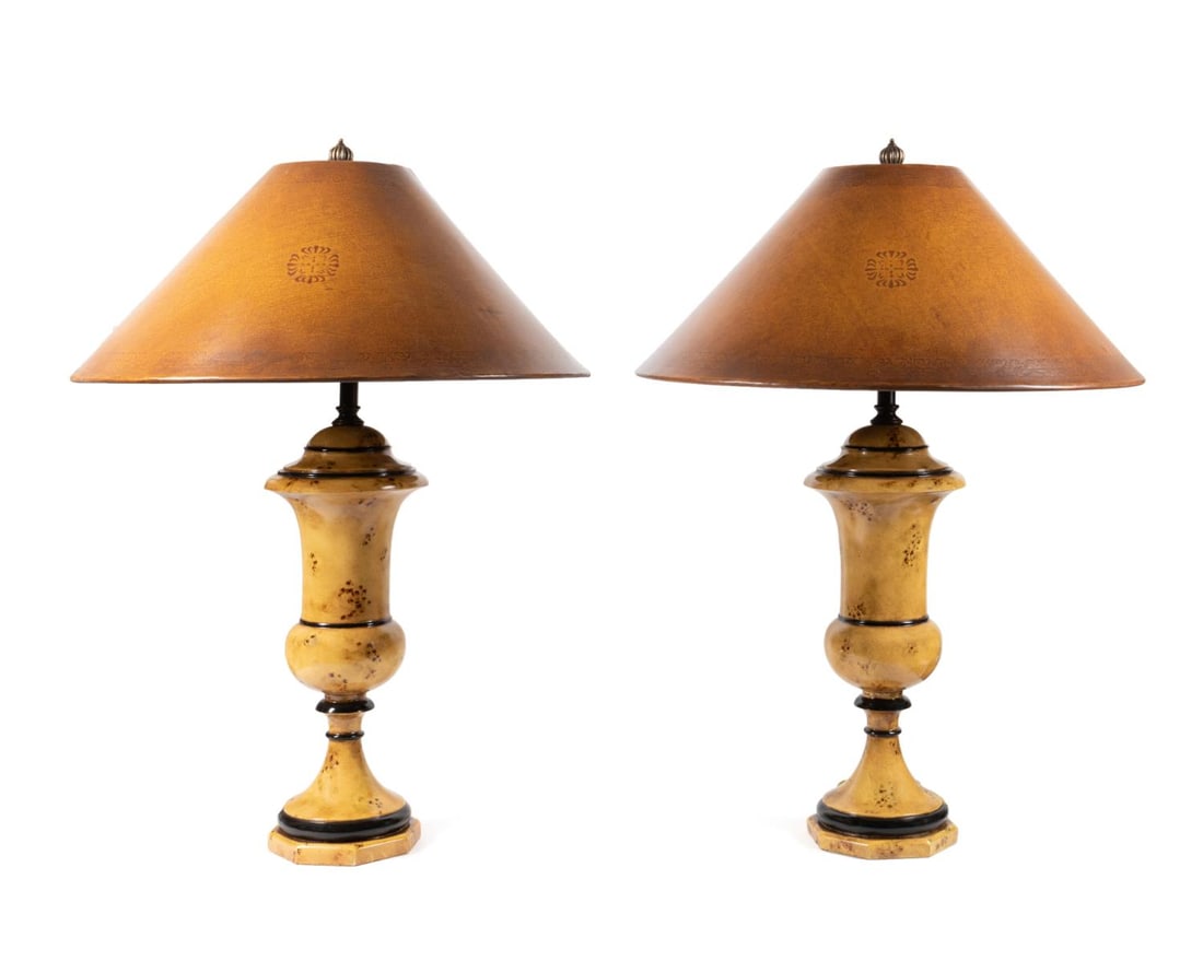 Pair Theodore Alexander Lamps With Leather Shades Auction