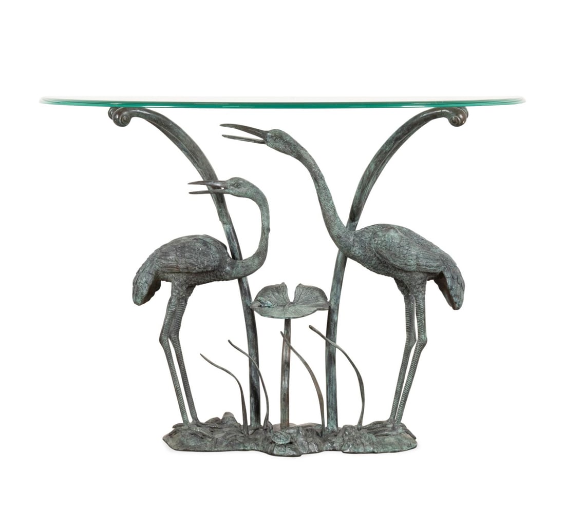 Attrib. Labarge Glass & Bronze Crane Console Table Auction