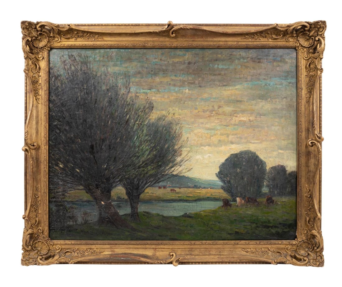 Edouard Chappel Pastoral Scene W/ Grazing Cows O/c Auction