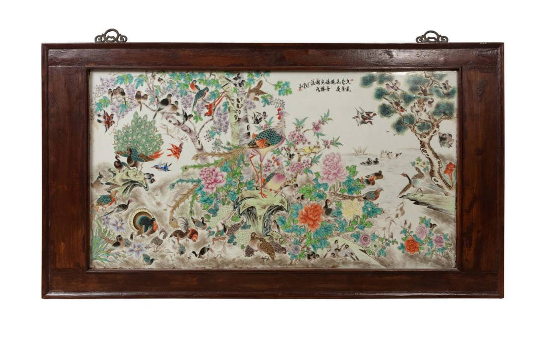 Large Chinese Porcelain 100 Birds Framed Plaque Auction