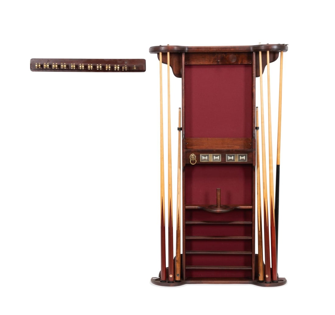 Two Dark Stained Wooden Billiards Racks And Cues Auction