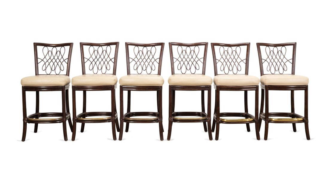 Six Mcguire / Baker Dark Rattan Script Bar Stools Auction