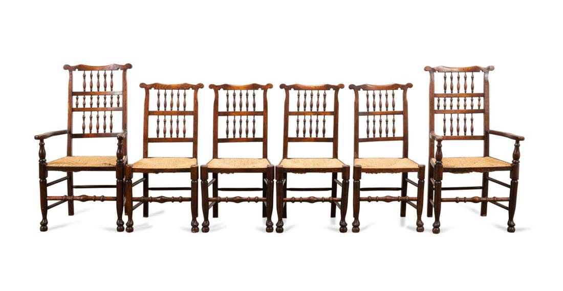 Six Yorkshire Spindle Back Oak Rush Seat Chairs Auction