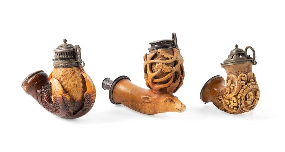 3 Carved German-austrian Pipes Two W/silver Mounts Auction