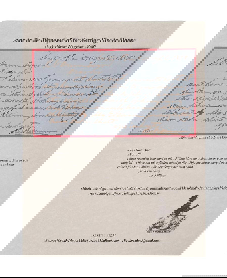 Antebellum Letter Capital Offence Arson By Slave Auction