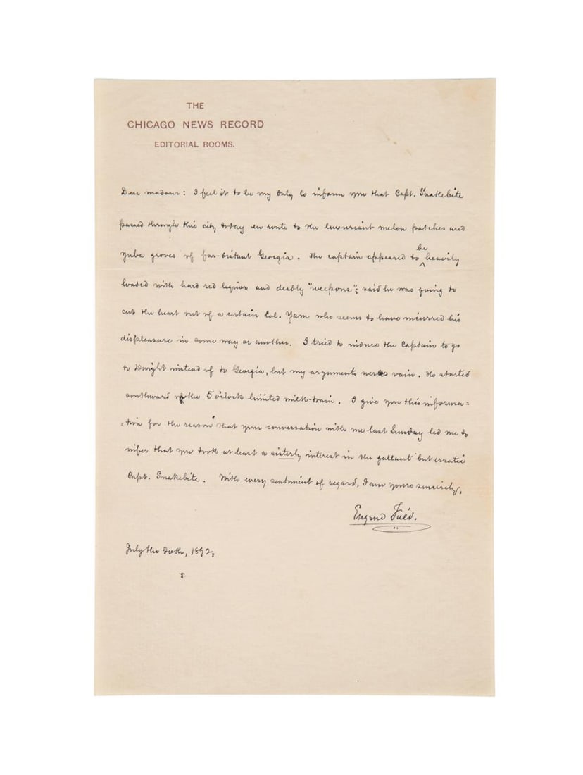 Eugene Field Handwritten Letter From 1892 Auction