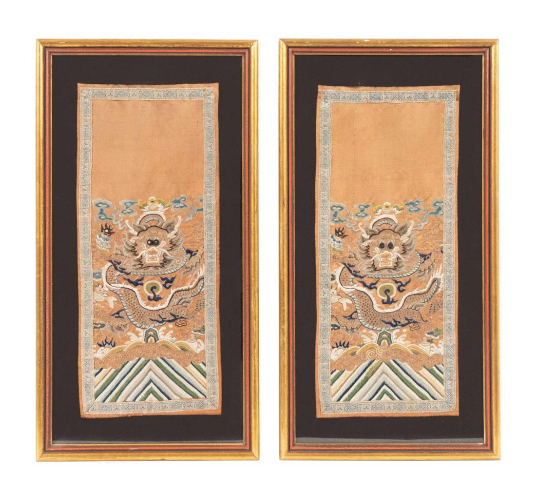 Pair Chinese Silk Hand Embroidered Dragon Panels Auction