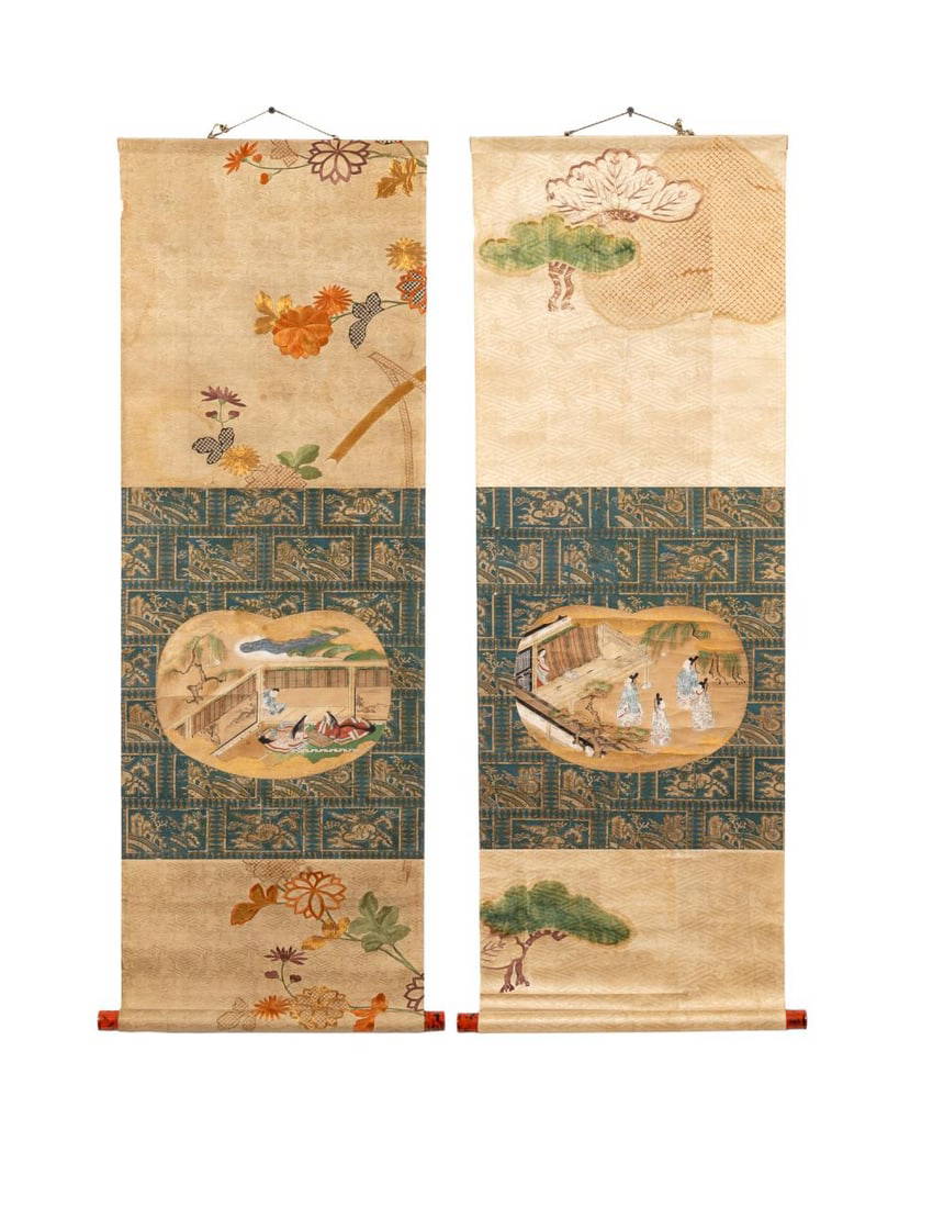 Pair Of Chinese Cartouche Painting Hanging Scrolls Auction