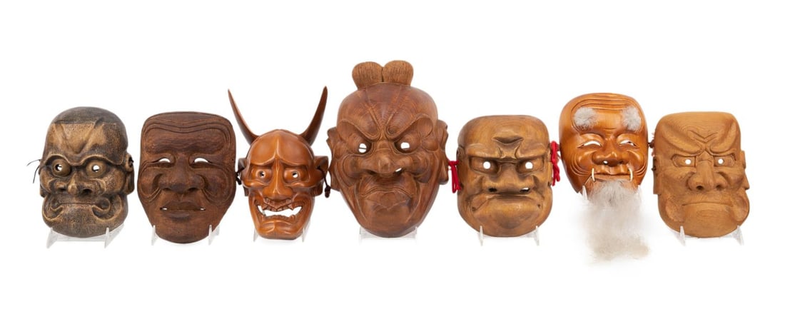 Seven Japanese Wooden Noh Theater Masks Auction