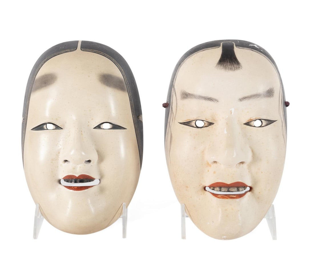 Two Japanese Onna And Otoko Noh Theater Masks Auction