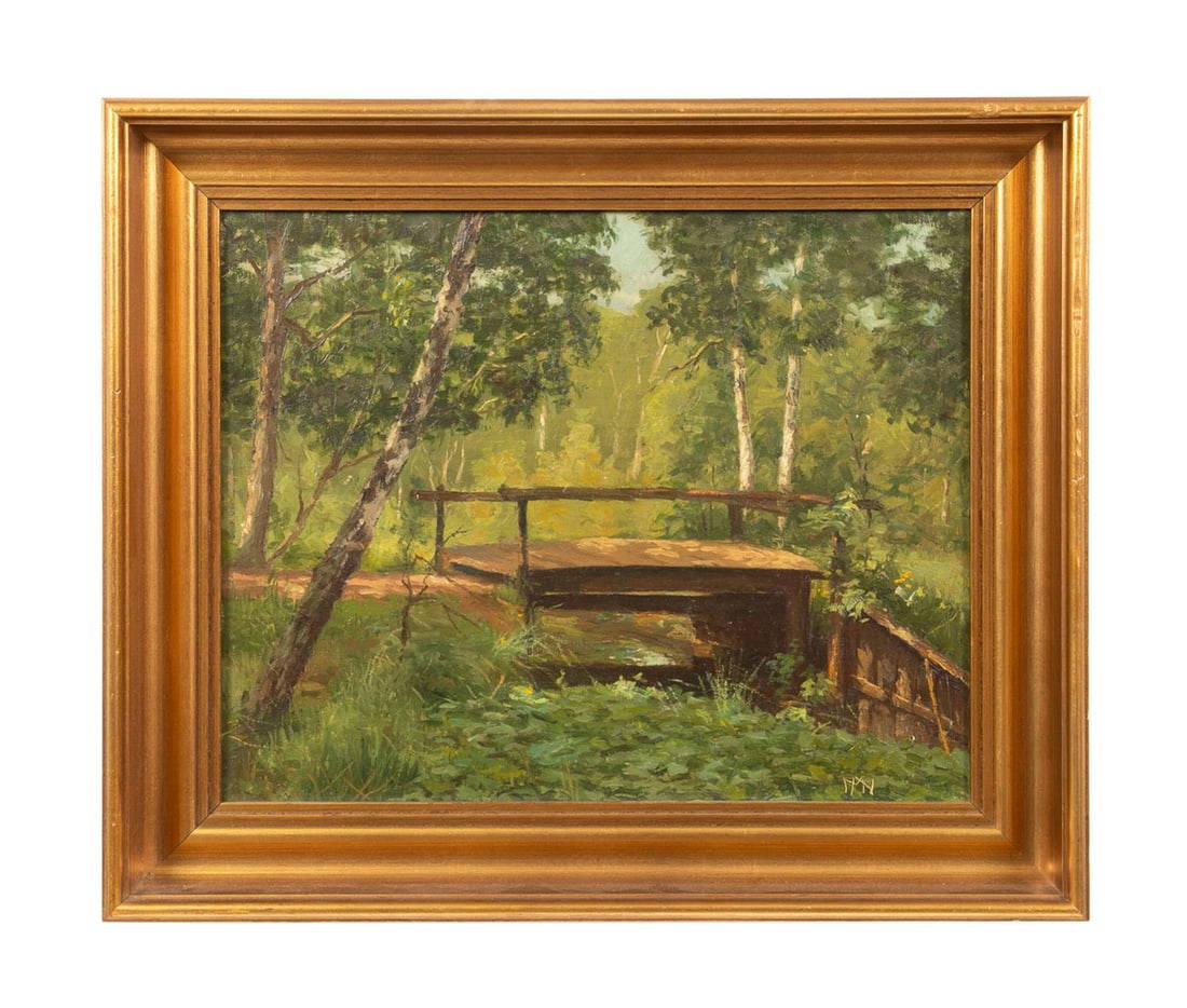 Marius Nielsen, Bridge Over Water Landscape, O/c Auction