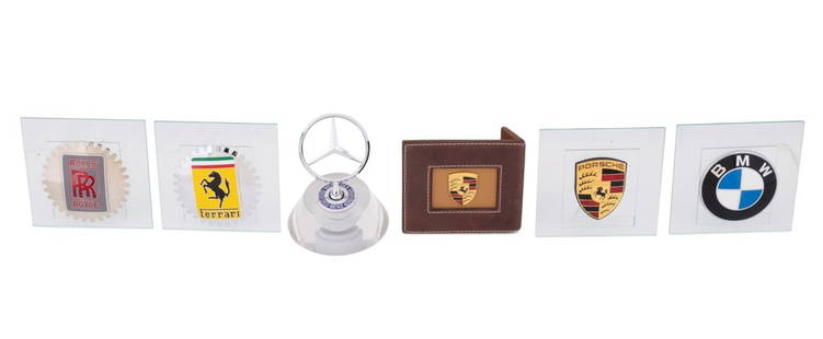 Six European Car Grill Emblems On Displays Auction