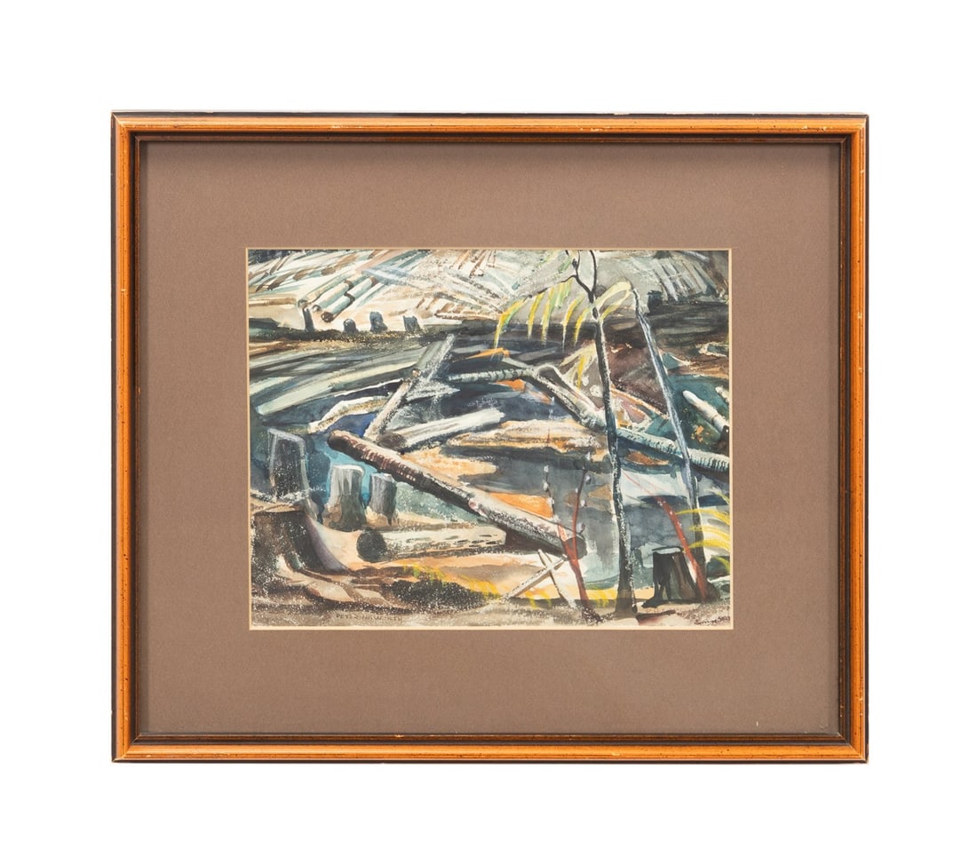 Peter Haworth, 'log Jam' Landscape Watercolor Auction