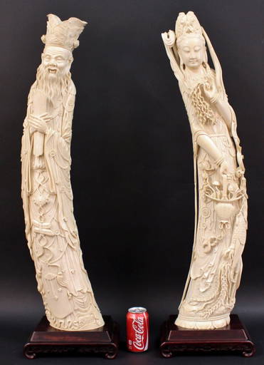 Pair Of Monumental Carved Antique Ivory Figures