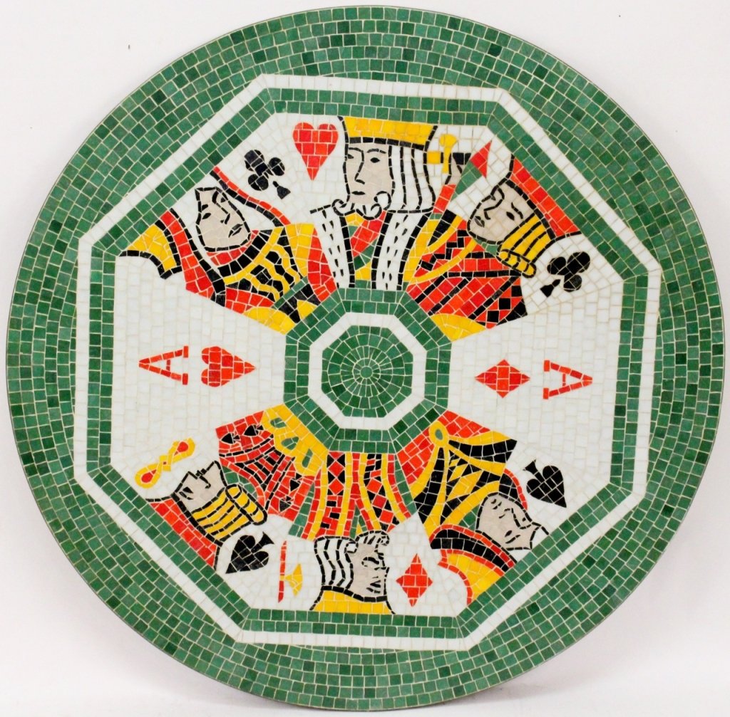 Mosaic Playing Card Motif Round Table Top