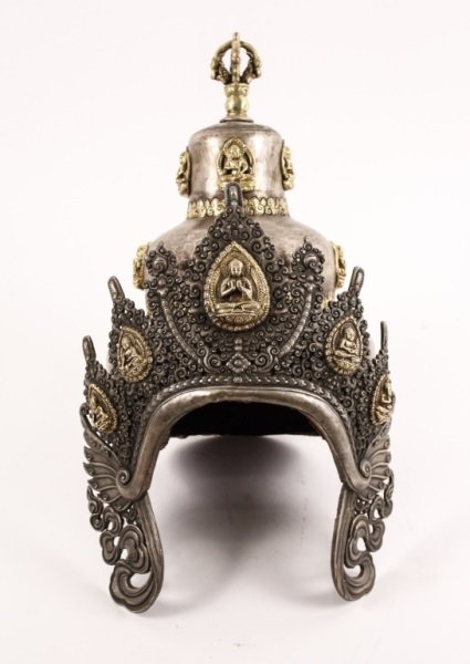 Silvered Tibetan Helmet with Gold Quanyin Figures