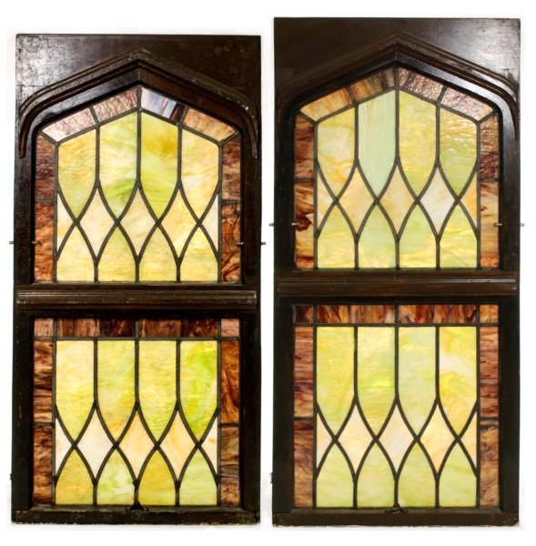 Pair of Leaded Stained Slag Glass Church Windows