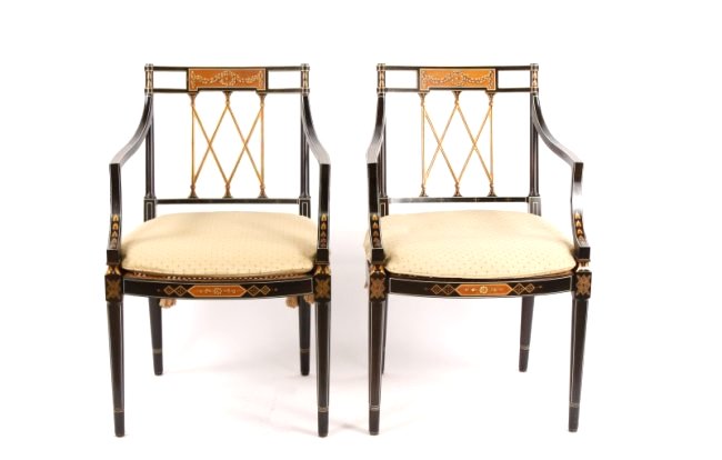 Pair of Sheraton Style Paint Decorated Armchairs