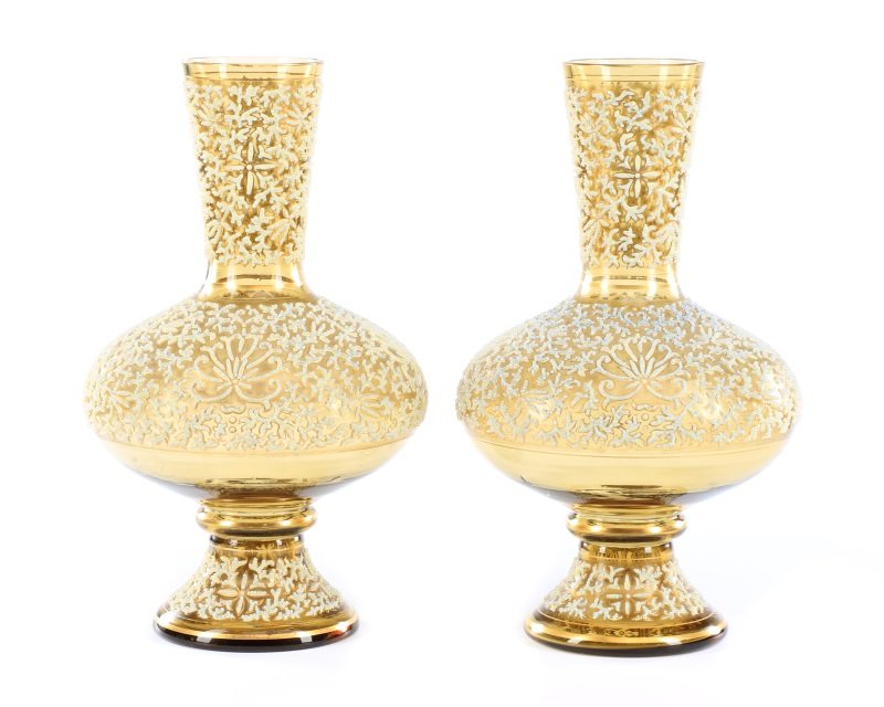 Pair of Coralene Beaded Glass Mantle Vases