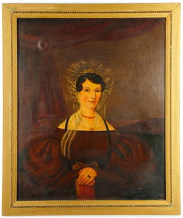 American Colonial Portrait Painting Woman With Bonnet