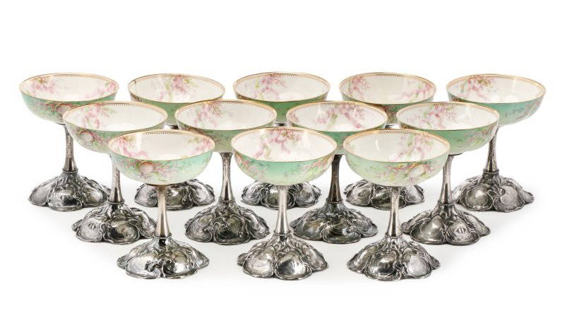 Set Of 12 Sterling & Porcelain Aquatic Champagnes