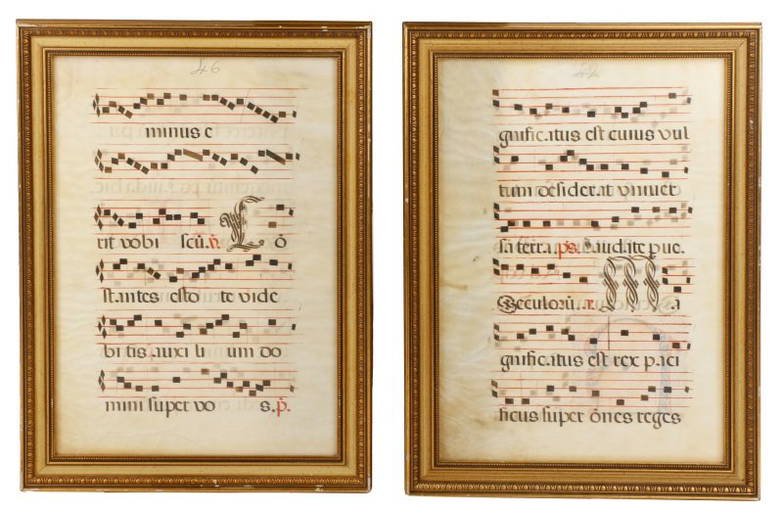 Pair Of Medieval Antiphonal Sheets On Vellum