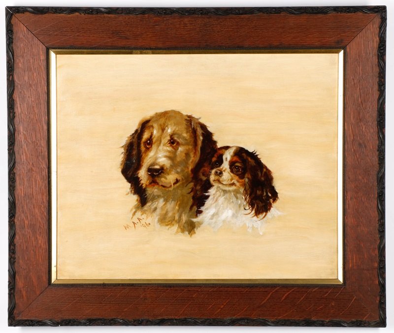 1896 Signed California Oil, Portrait of Two Dogs