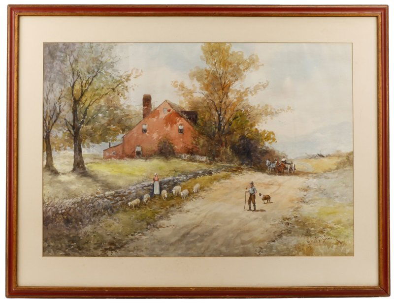 J. Claghorn Shepherds in Countryside Watercolor