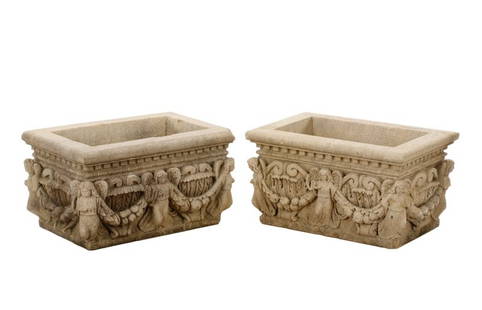 Pair Large Cast Stone Planters With Relief