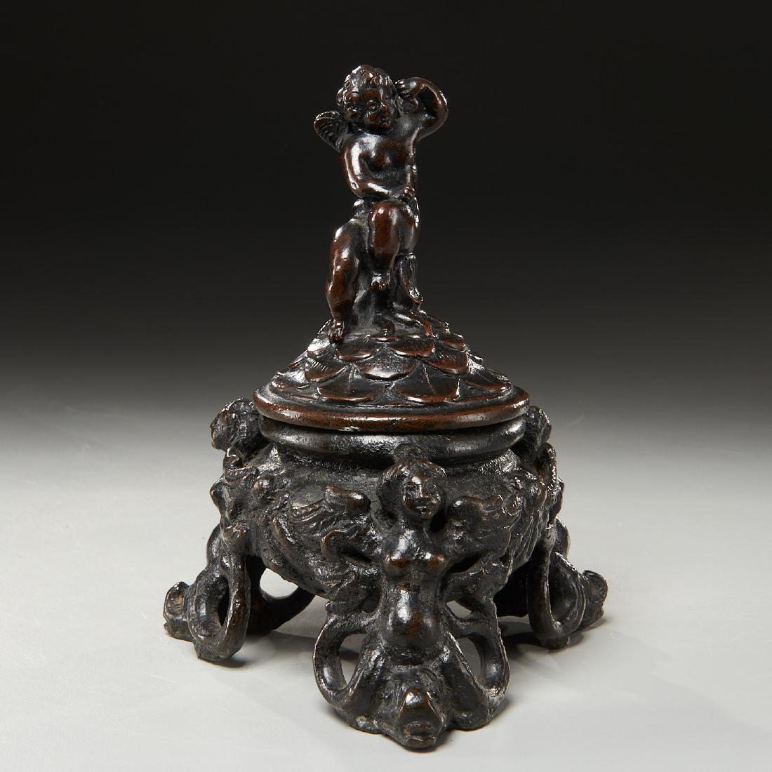 Renaissance era cast bronze lidded ink pot