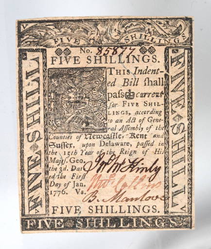 1776 Colonial Note, Five Shillings, Delaware