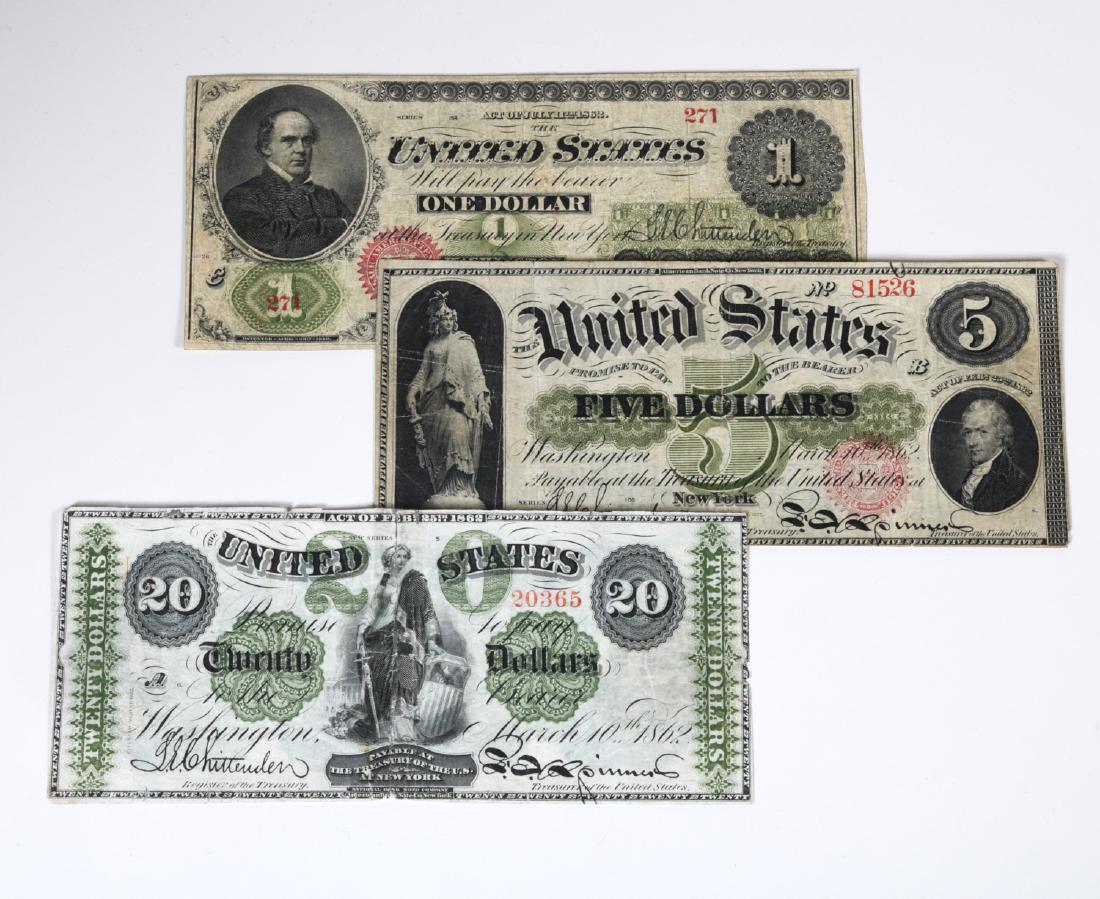 (3) 1862 U. S. "Greenback" Notes $1, $5, $20