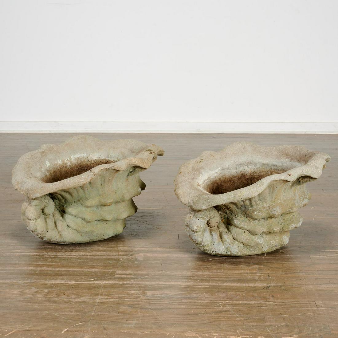 Pair Cast Stone Conch Shell Garden Planters