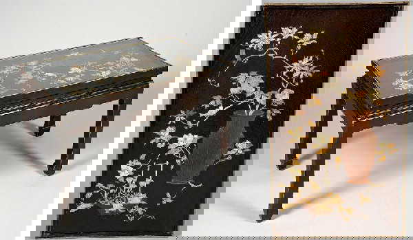 2047: Antique Japanese ivory inlaid panel coffee table